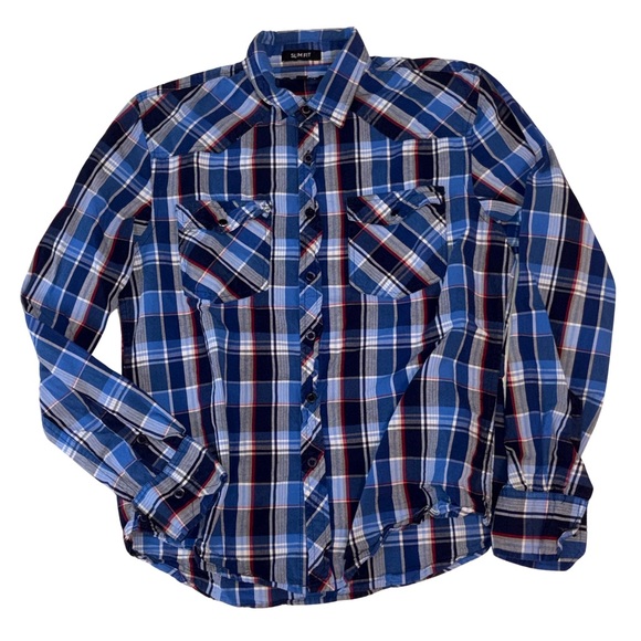 Carbon | Shirts | Carbon Slim Fit Mens Blue Plaid Shirt M Button Front ...